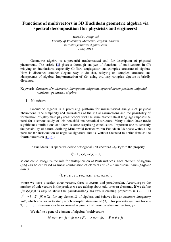 (PDF) 1 Functions of multivectors in 3D Euclidean geometric algebra via
