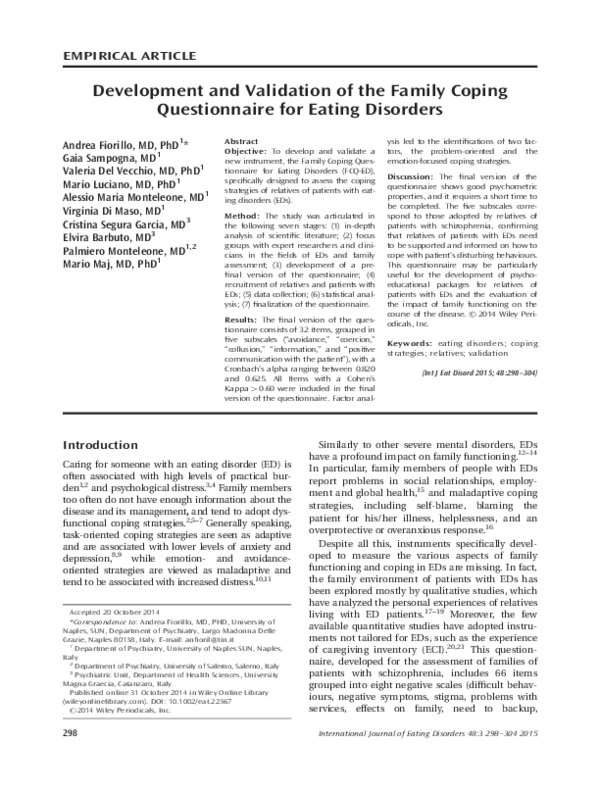 (PDF) Development and validation of the family coping questionnaire for eating disorders