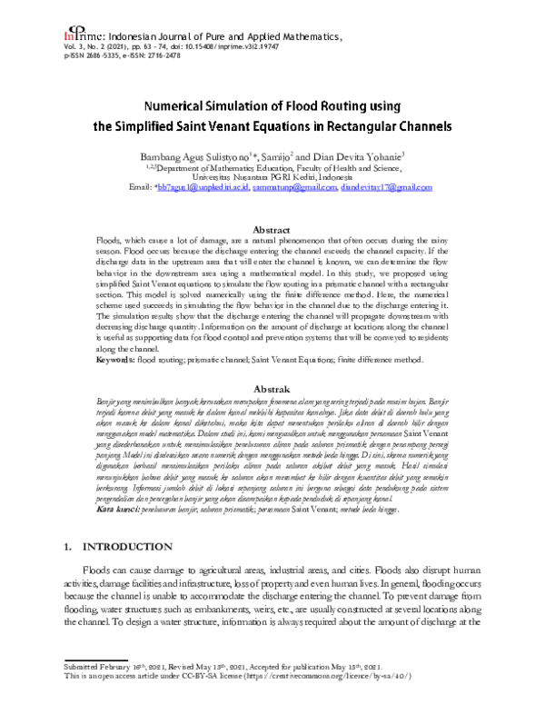 Pdf Numerical Simulation Of Flood Routing Using The Simplified Saint
