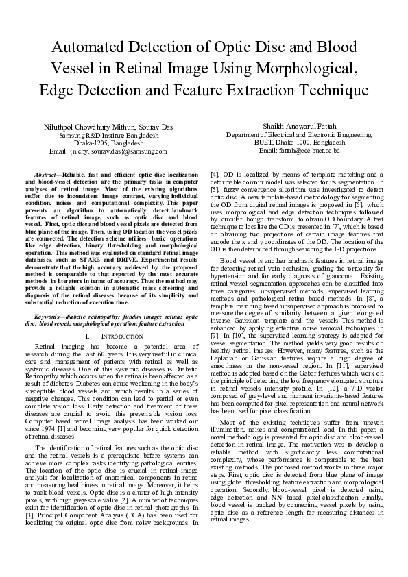 (PDF) Automated detection of optic disc and blood vessel in retinal image using morphological ...