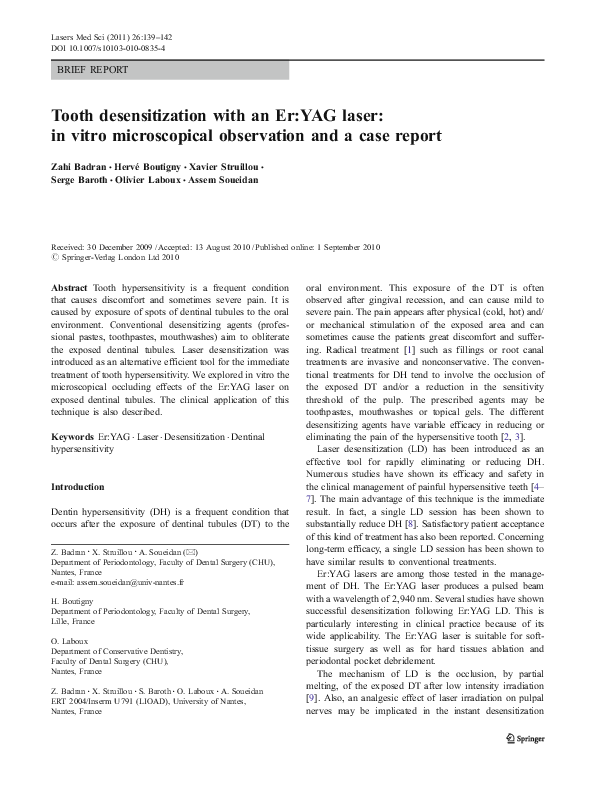 (PDF) Tooth desensitization with an Er:YAG laser: in vitro ...