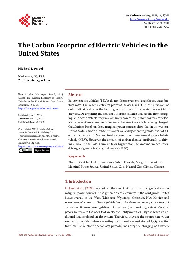 (PDF) The Carbon Footprint of Electric Vehicles in the United States