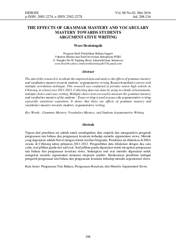 (PDF) The Effects of Grammar Mastery and Vocabulary Mastery Towards Students Argumentative Writing