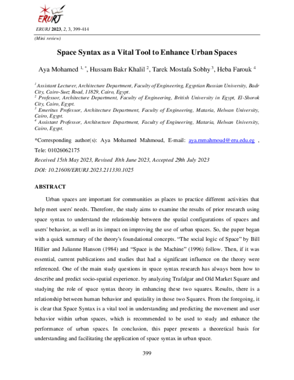 (PDF) Space Syntax as a Vital Tool to Enhance Urban Spaces