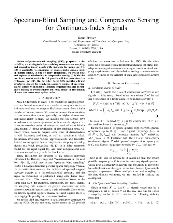 (PDF) Spectrum-blind sampling and compressive sensing for continuous-index signals | Yoram ...