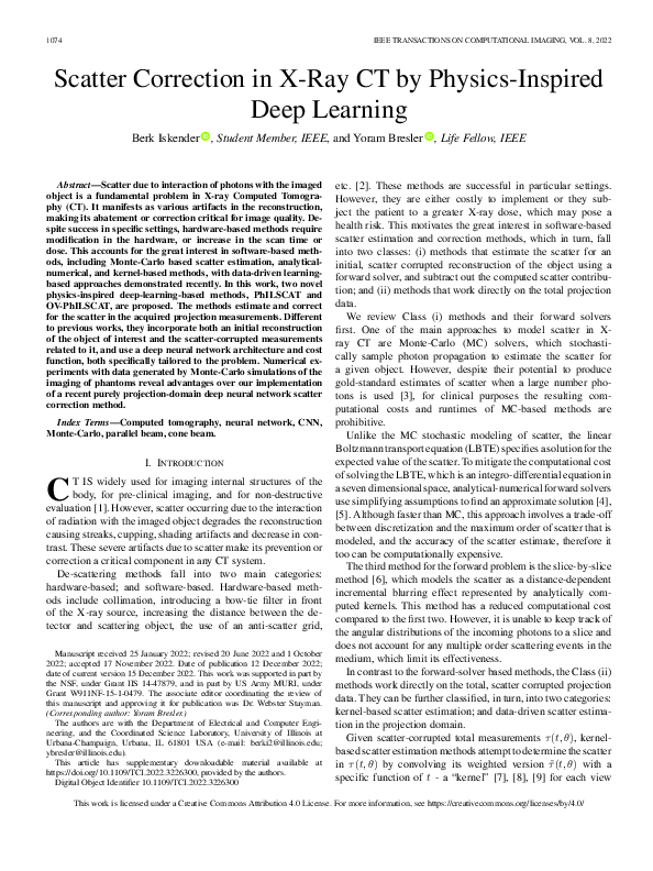 (PDF) Scatter Correction in X-Ray CT by Physics-Inspired Deep Learning | Yoram Bresler ...