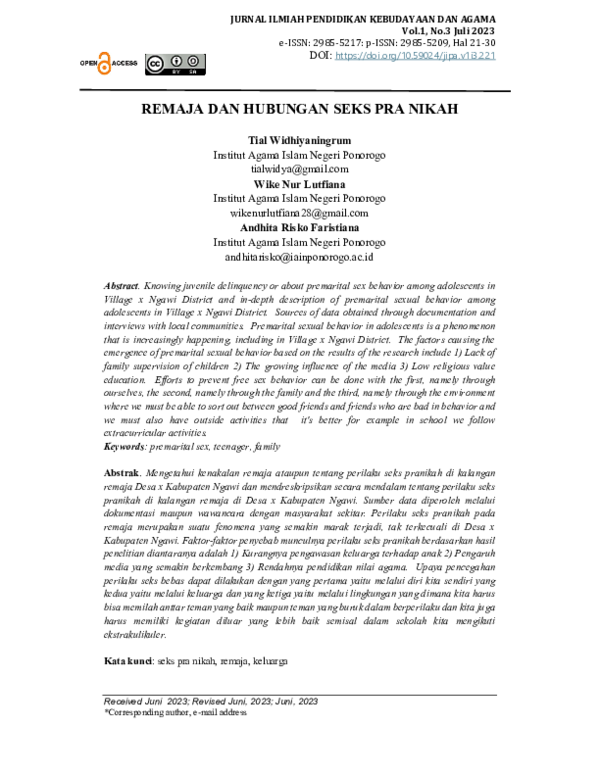 (PDF) Remaja Dan Hubungan Seks Pra Nikah
