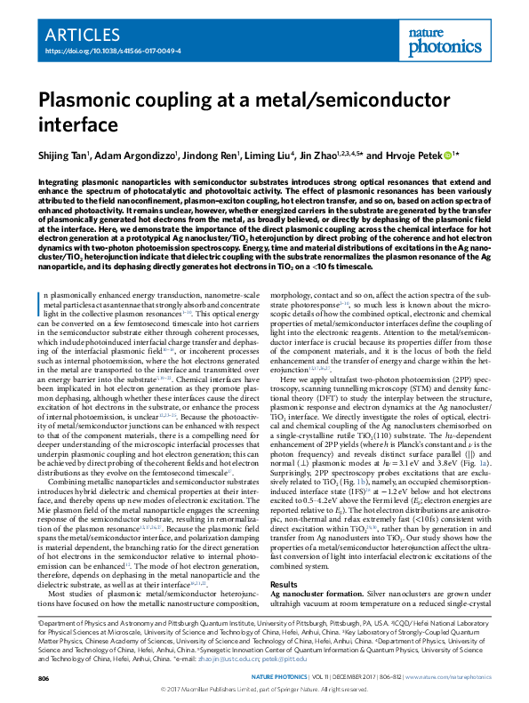 (PDF) Plasmonic coupling at a metal/semiconductor interface