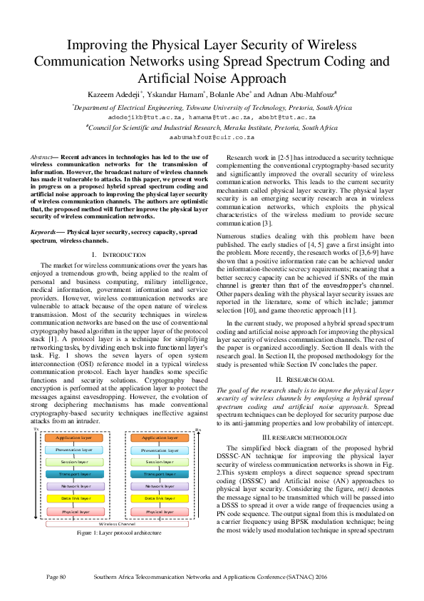 (PDF) Improving the physical layer security of wireless communication networks using spread ...