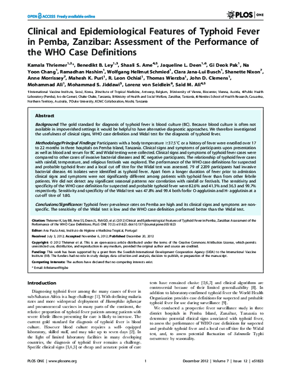 (PDF) Clinical and Epidemiological Features of Typhoid Fever in Pemba ...