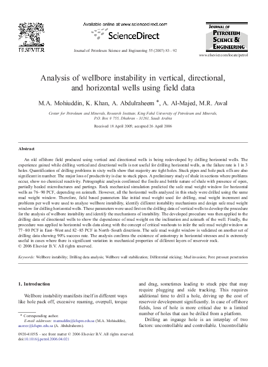 (PDF) Analysis of wellbore instability in vertical, directional, and horizontal wells using ...