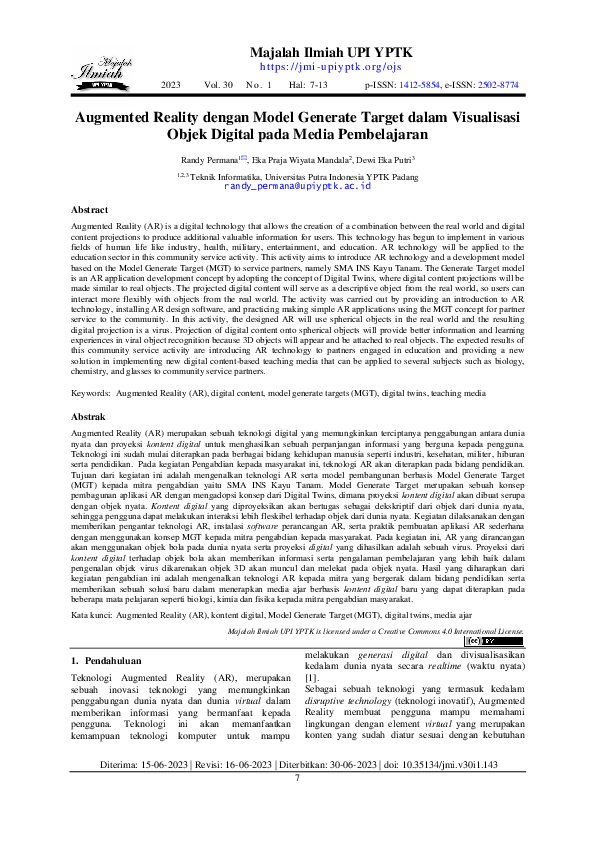 (PDF) Augmented Reality dengan Model Generate Target dalam Visualisasi Objek Digital pada Media ...