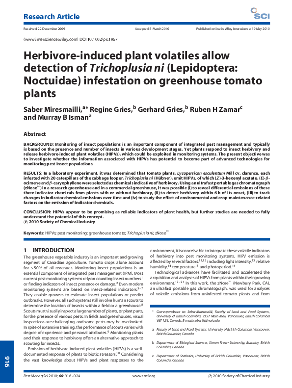 (PDF) Herbivore-induced plant volatiles allow detection of Trichoplusia ...