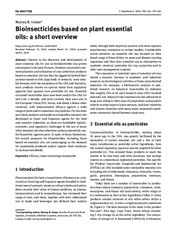 (PDF) Bioinsecticides based on plant essential oils: a short overview