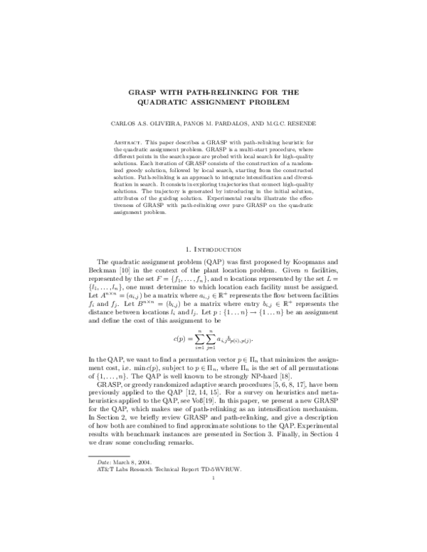 (PDF) GRASP with Path-Relinking for the Quadratic Assignment Problem