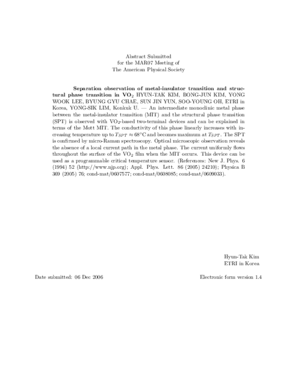 (PDF) Separation observation of metal-insulator transition and ...