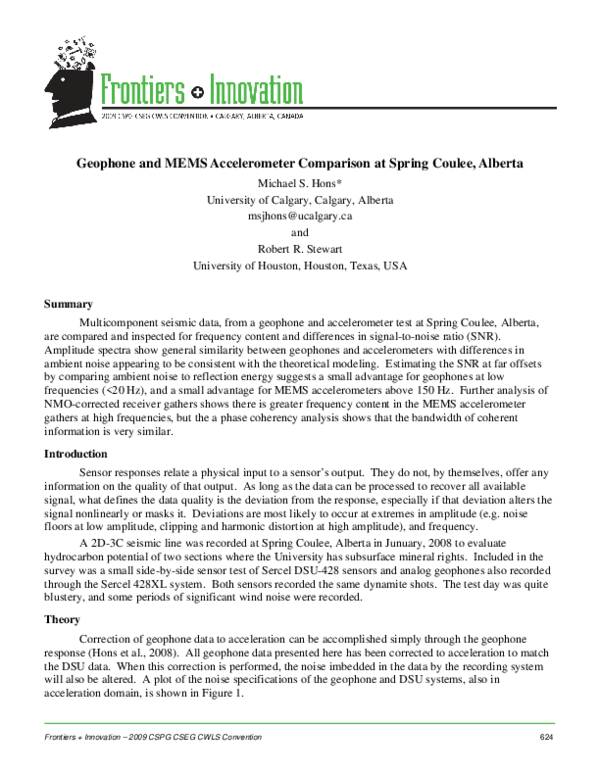 (PDF) Geophone and MEMS Accelerometer Comparison at Spring Coulee, Alberta