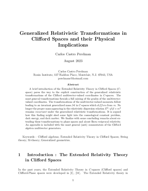 Pdf Generalized Relativistic Transformations In Clifford Spaces And Their Physical Implications