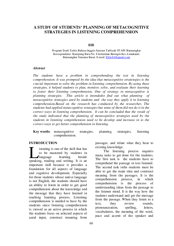 (PDF) A Study of Students’ Planning of Metacognitive Strategies in Listening Comprehension