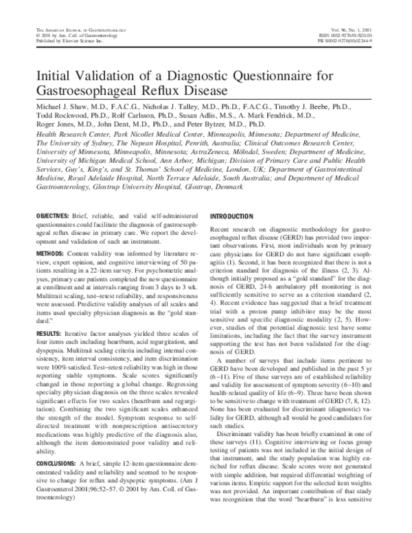 (PDF) Initial validation of a diagnostic questionnaire for gastroesophageal reflux disease