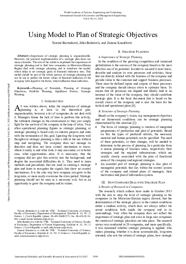 (PDF) Using Model To Plan Of Strategic Objectives