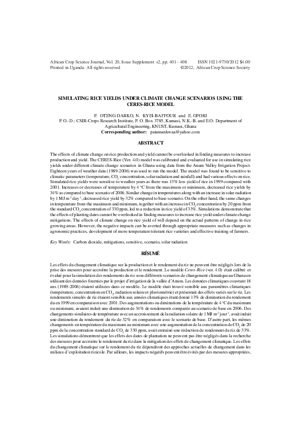 (PDF) Simulating rice yields under climate change scenarios using the ...