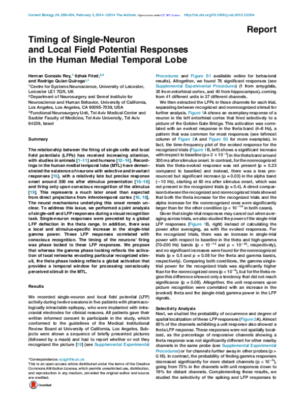 Pdf Timing Of Single Neuron And Local Field Potential Responses In The Human Medial Temporal Lobe