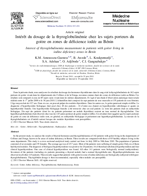 (PDF) Intérêt du dosage de la thyroglobulinémie chez les sujets ...