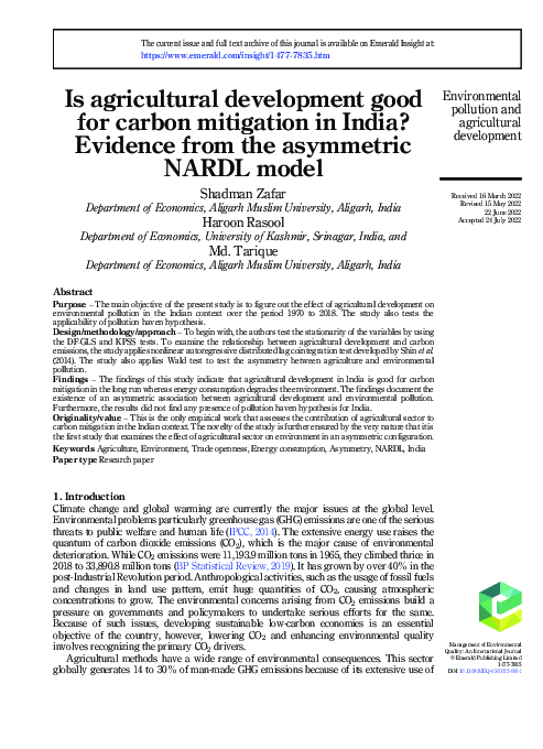 (PDF) Is agricultural development good for carbon mitigation in India? Evidence from the ...