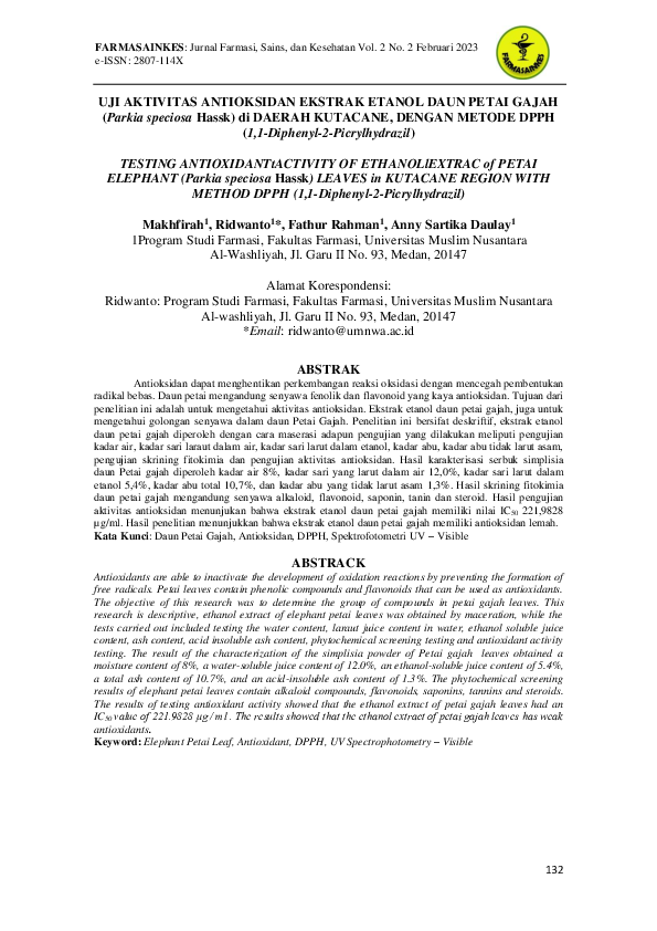 (PDF) UJI AKTIVITAS ANTIOKSIDAN EKSTRAK ETANOL DAUN PETAI GAJAH (Parkia ...