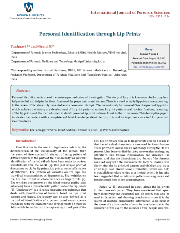 (PDF) Personal Identification through Lip Prints