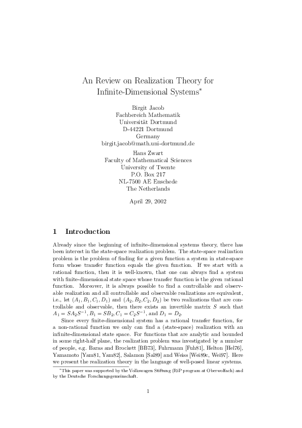 Pdf An Review On Realization Theory For Infinite Dimensional Systems