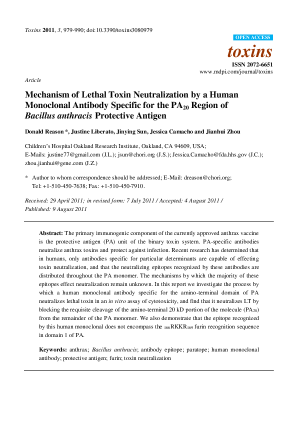(PDF) Mechanism of Lethal Toxin Neutralization by a Human Monoclonal ...