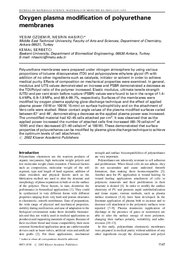 (PDF) Oxygen plasma modification of polyurethane membranes