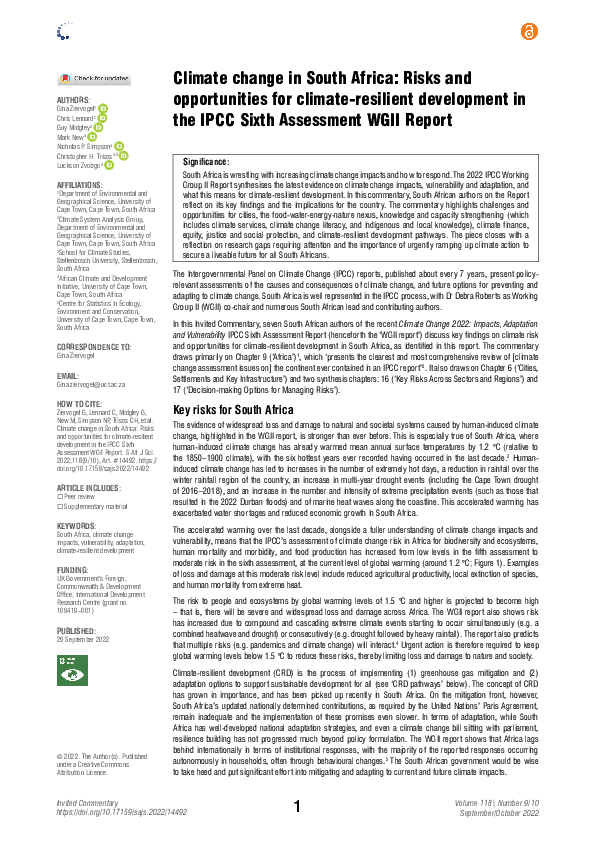 (PDF) Climate change in South Africa: Risks and opportunities for ...
