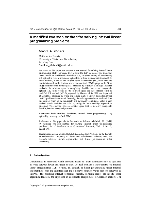 Pdf A Modified Two Step Method For Solving Interval Linear Programming Problems