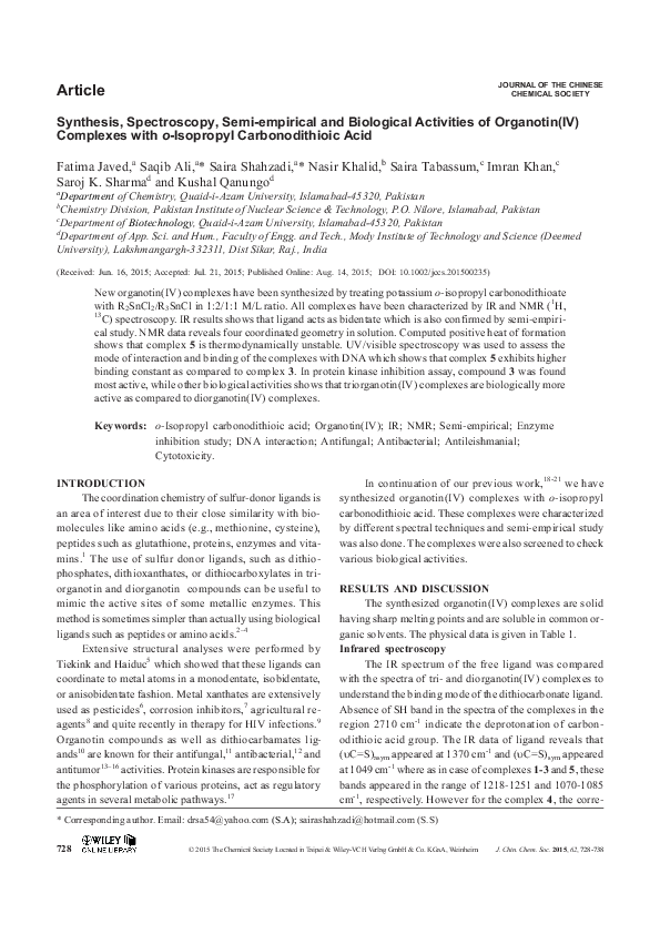 (PDF) Synthesis, Spectroscopy, Semi-empirical and Biological Activities ...