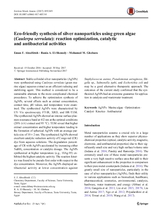 (PDF) Eco-friendly synthesis of silver nanoparticles and its biological evaluation using Tamarix ...