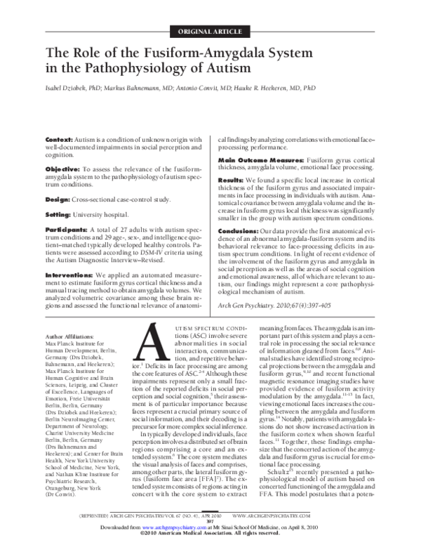 (PDF) The Role of the Fusiform-Amygdala System in the Pathophysiology ...