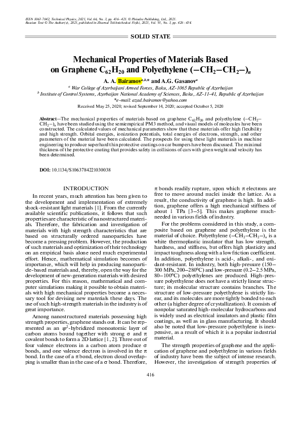 (PDF) Mechanical Properties of Materials Based on Graphene C62H20 and ...