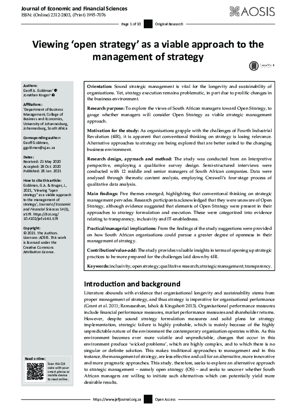 (PDF) Viewing ‘open strategy’ as a viable approach to the management of ...