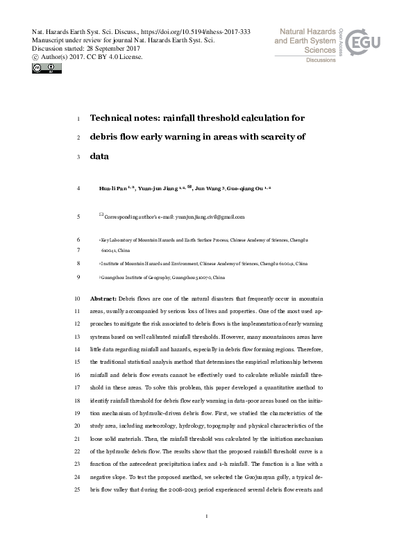 (PDF) Technical notes: Rainfall threshold calculation for debris flow ...