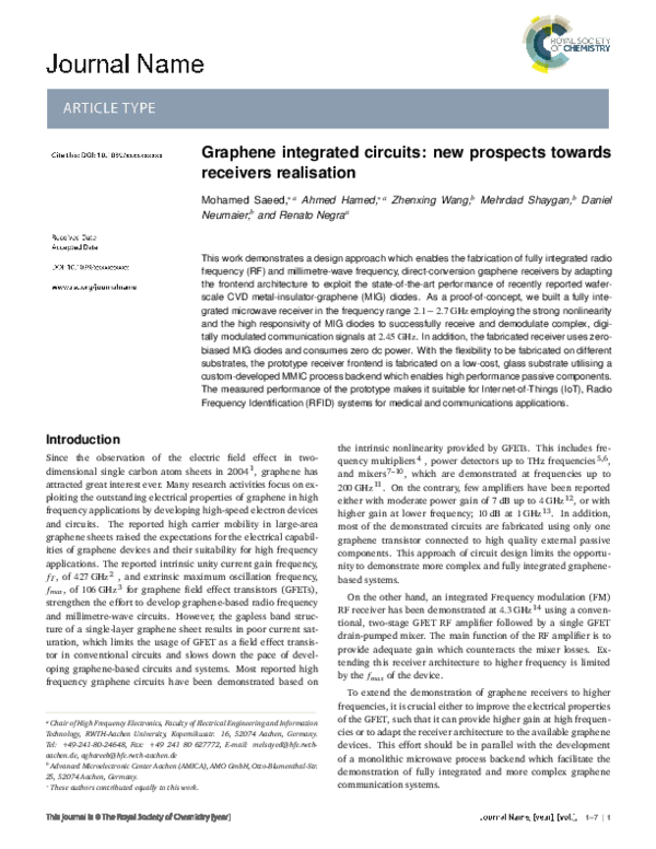 (PDF) Graphene integrated circuits: new prospects towards receiver ...