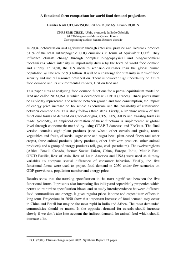 (PDF) A functional form comparison for world food demand projections