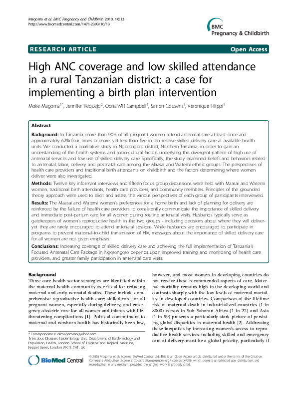 (PDF) High ANC coverage and low skilled attendance in a rural Tanzanian ...
