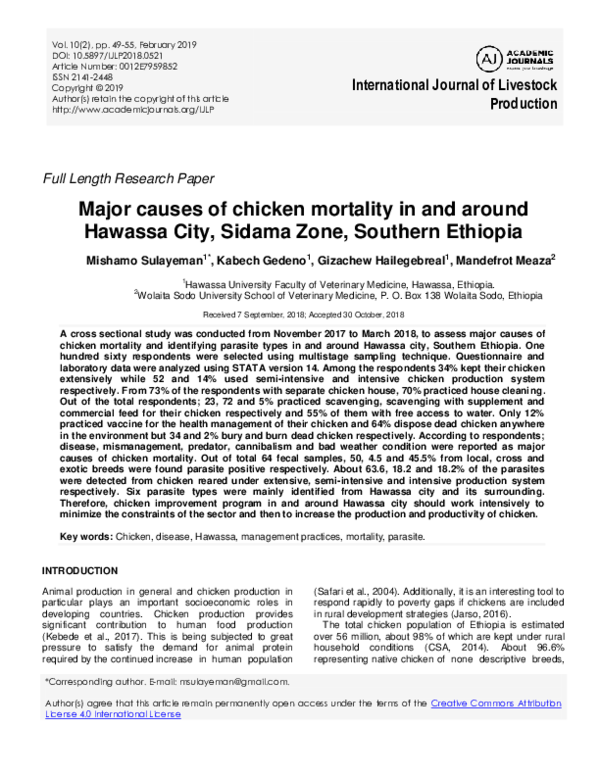 Major causes of chicken mortality in and around Hawassa City, Sidama ...