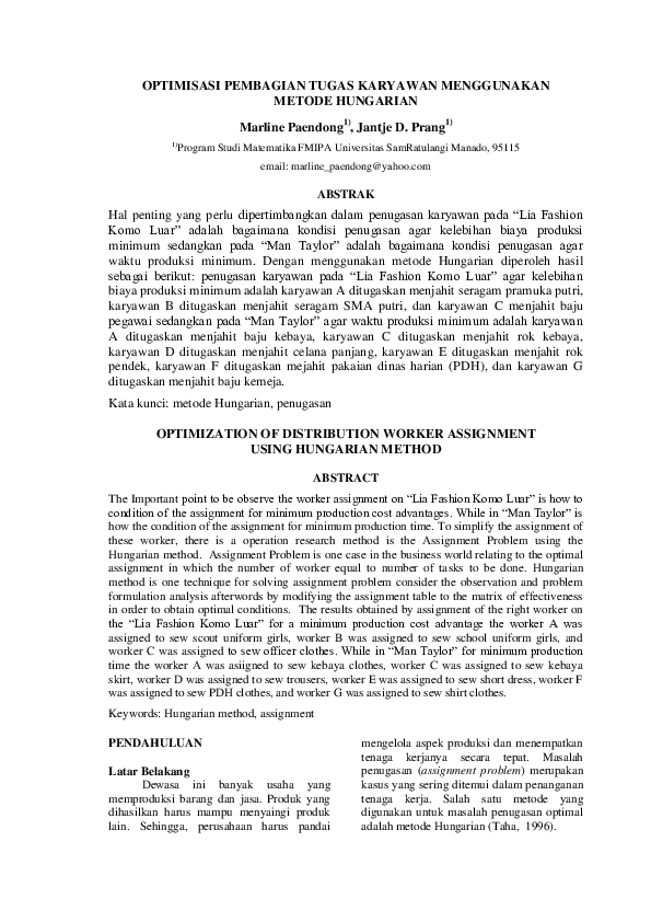 (PDF) Optimisasi Pembagian Tugas Karyawan Menggunakan Metode Hungarian