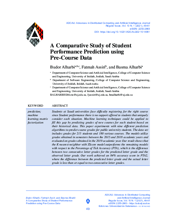 (PDF) A Comparative Study of Student Performance Prediction using Pre-Course Data