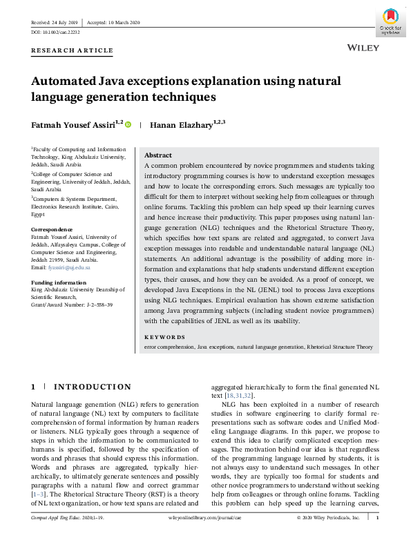 (PDF) Automated Java exceptions explanation using natural language generation techniques