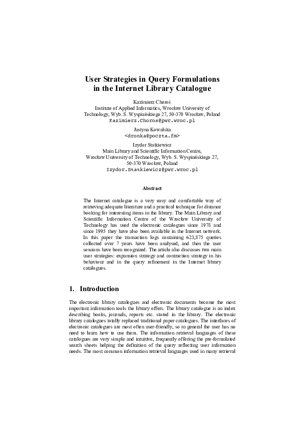 (PDF) User Strategies in Query Formulations in the Internet Library Catalogue